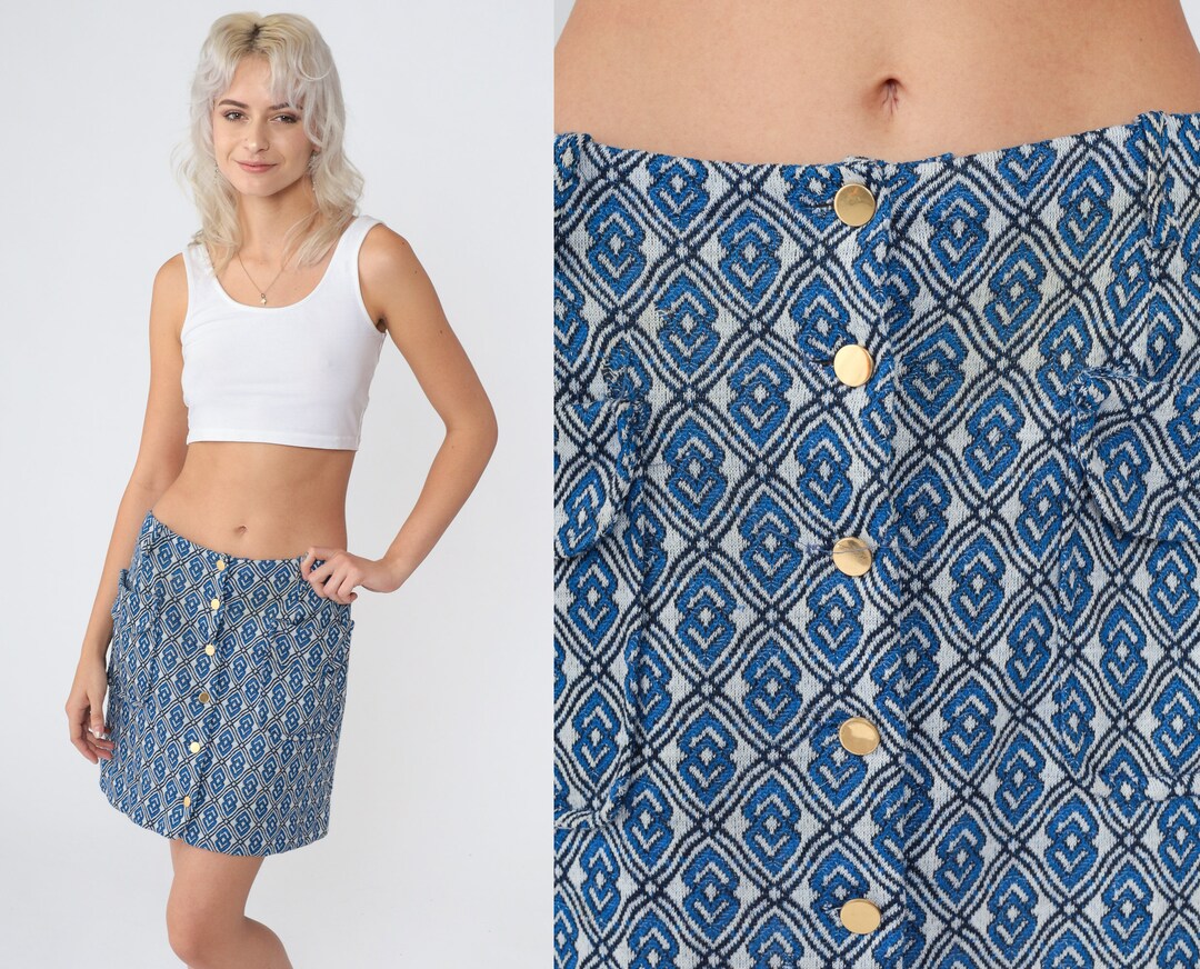Mod Mini Skirt 60s 70s Blue Button Front Miniskirt White Geometric ...