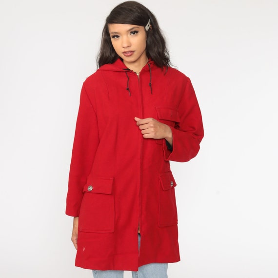 Red Wool Coat 80s HOODED Jacket Zip Up Hood Jacket Vi… - Gem