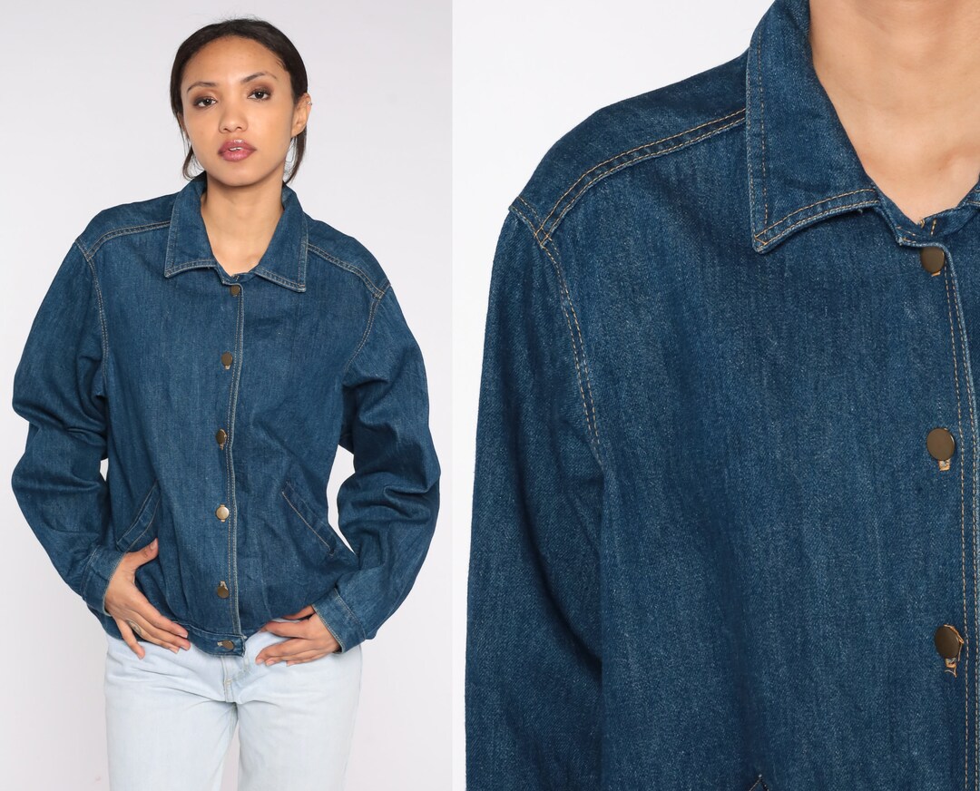 Dark Denim Jacket 80s Blue Jean Jacket Button up Trucker Coat Retro ...