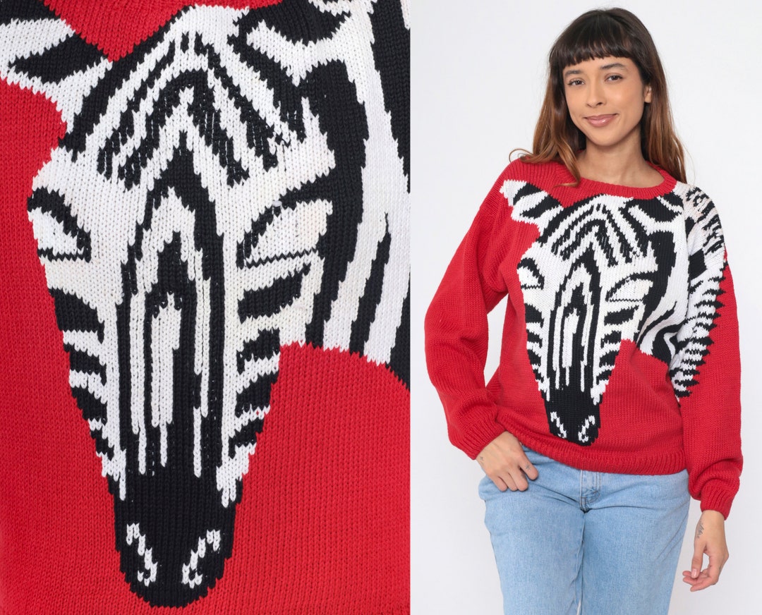 90s Zebra Sweater Red Graphic Animal Print Pullover Knit Sweater ...