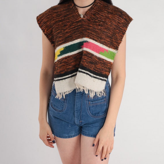 Woven Poncho 80s Open Side Fringe Shawl Brown Southwe… - Gem