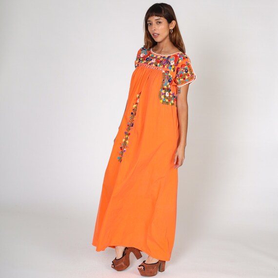 Oaxacan Maxi Dress 70s Mexican Embroidered Dress Oran… - Gem