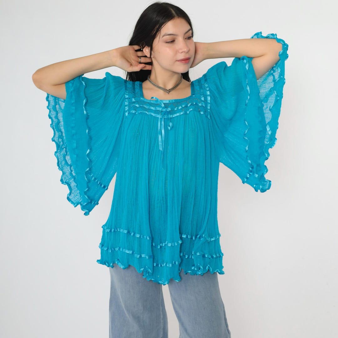 Gauze Angel Sleeve Top 90s Boho Blouse Blue Crochet Trim Mexican Lace ...