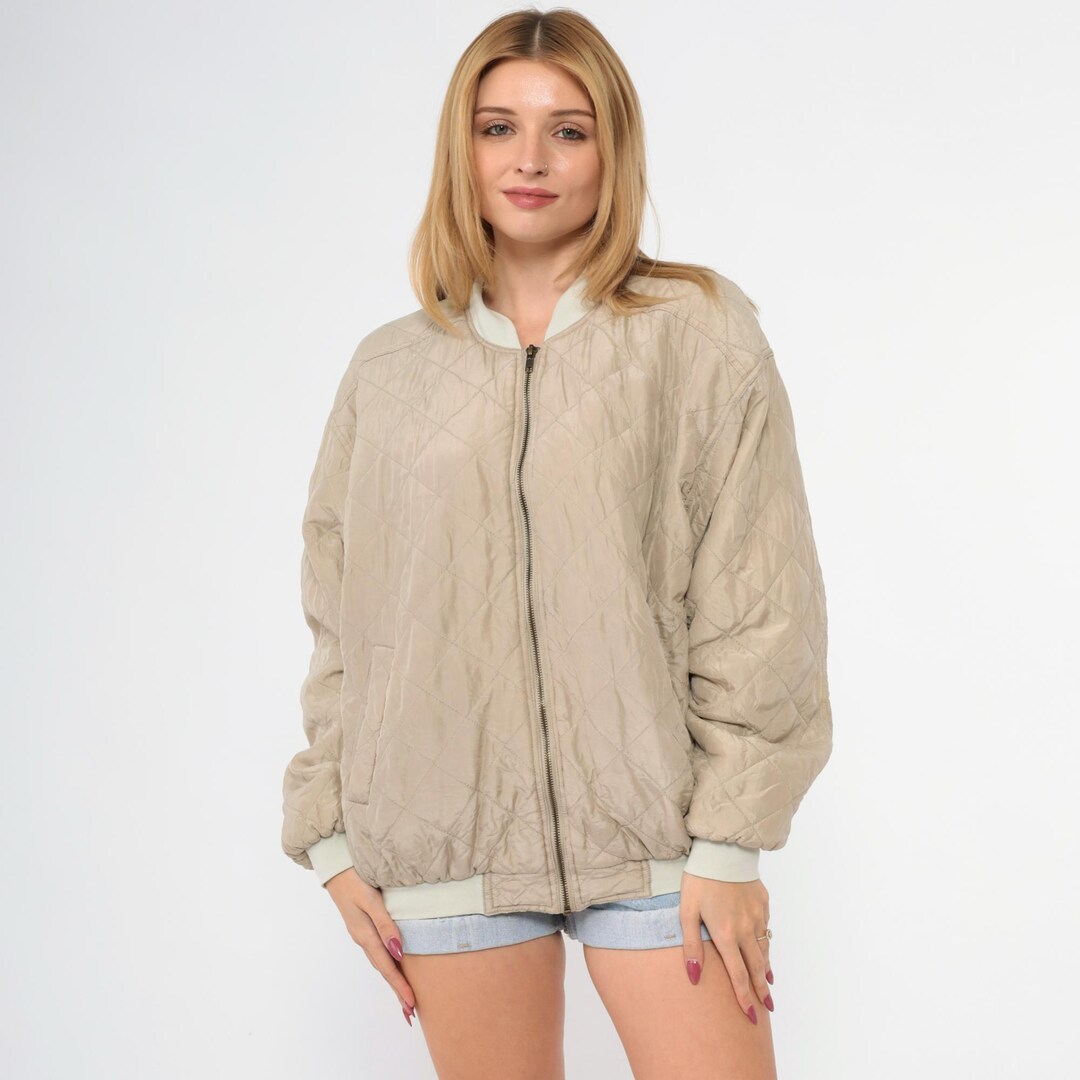 Taupe Quilted Jacket 90s Silk Bomber Jacket Zip up Windbreaker Retro ...