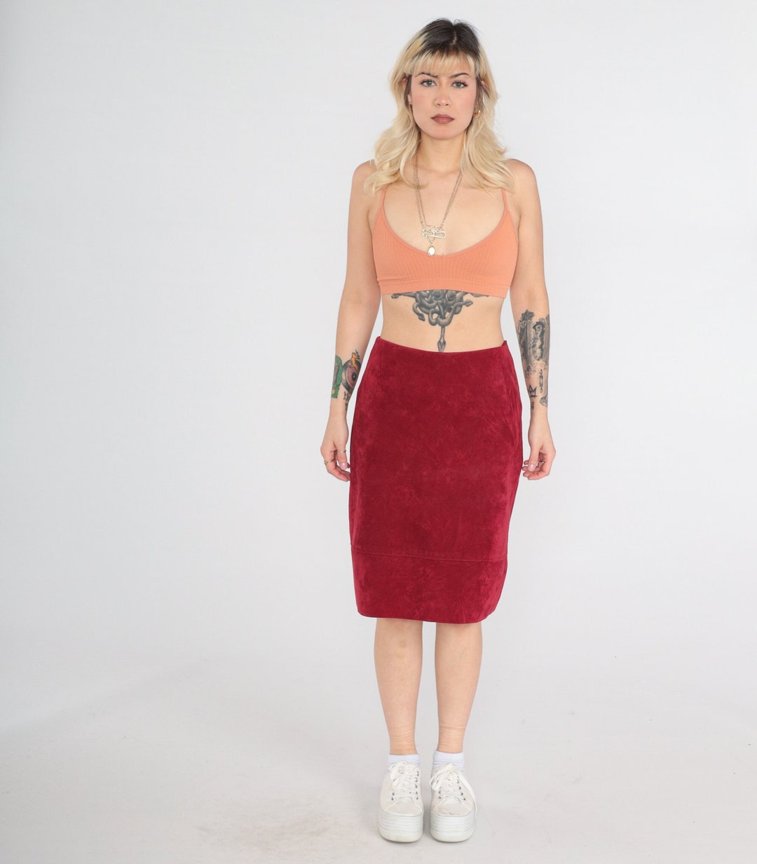 90s Faux Suede Skirt Red Pencil Skirt Fake Suede Skirt 1990s Vintage ...