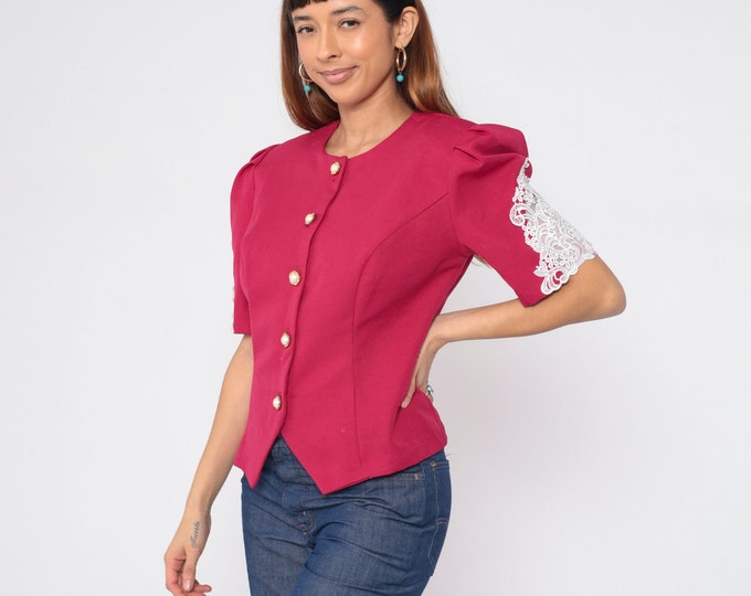 Puff Sleeve Blouse 80s Fuchsia Pink Top White Floral Lace Trim Pearl ...