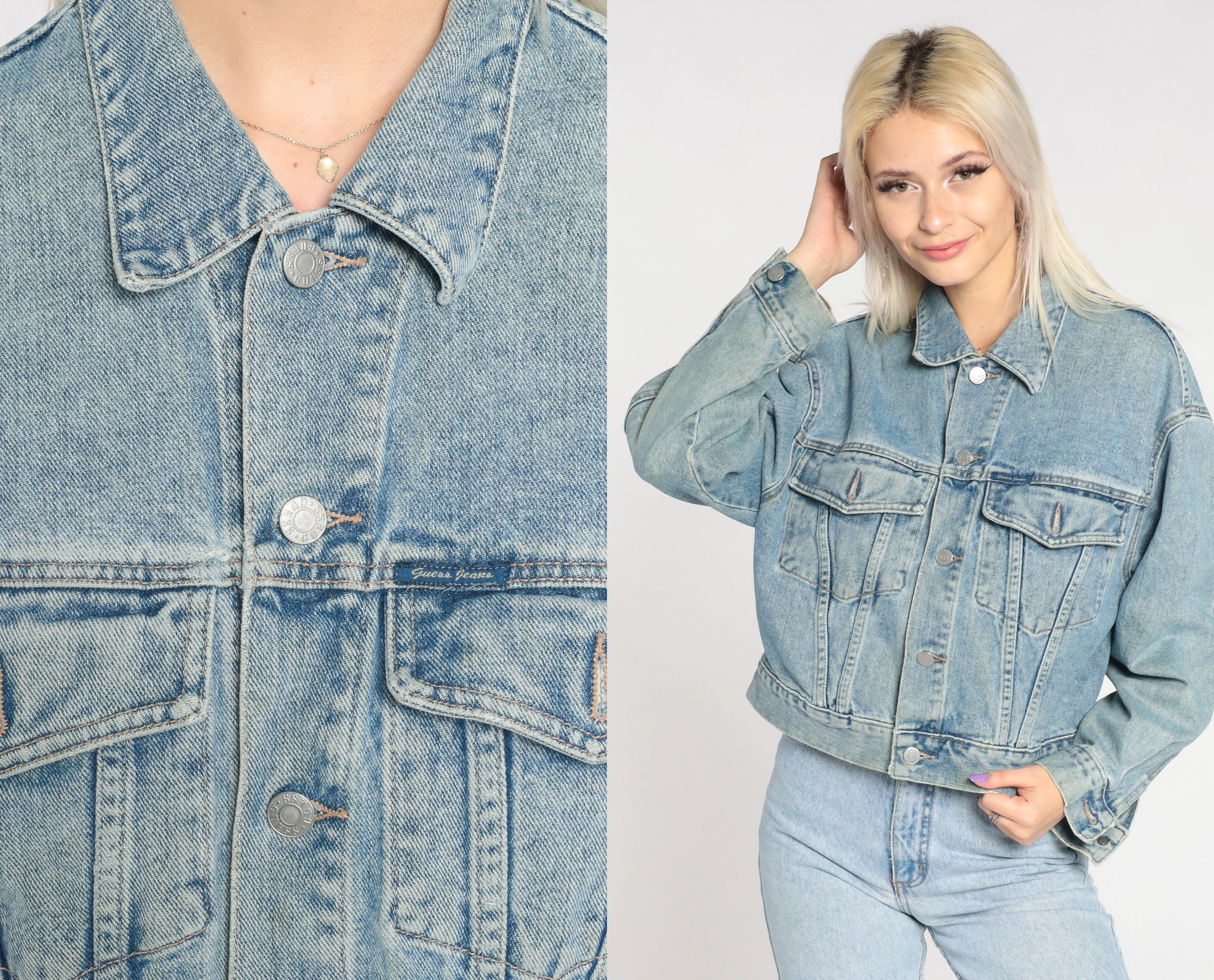 Guess Jean Jacket 90s Denim Jacket Blue Biker Trucker Crop Guess Jean Jacket 90s Denim Jacket Blue Biker Trucker Crop