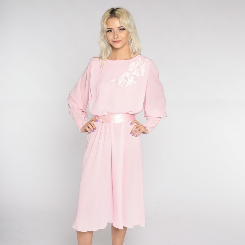 Baby Pink Midi Dress 80s Blouson Beaded Floral Dress Button Back ...