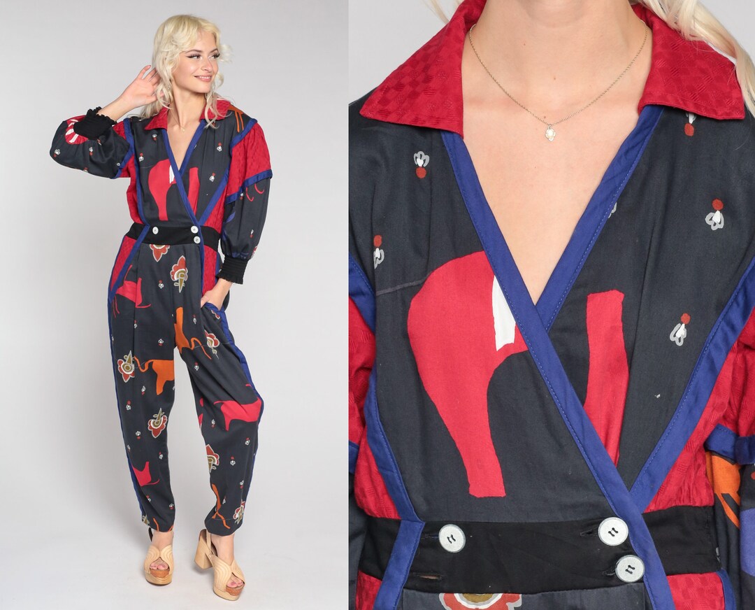 80s Jeanne Marc Jumpsuit Designer Animal Print Pantsuit Black Long ...