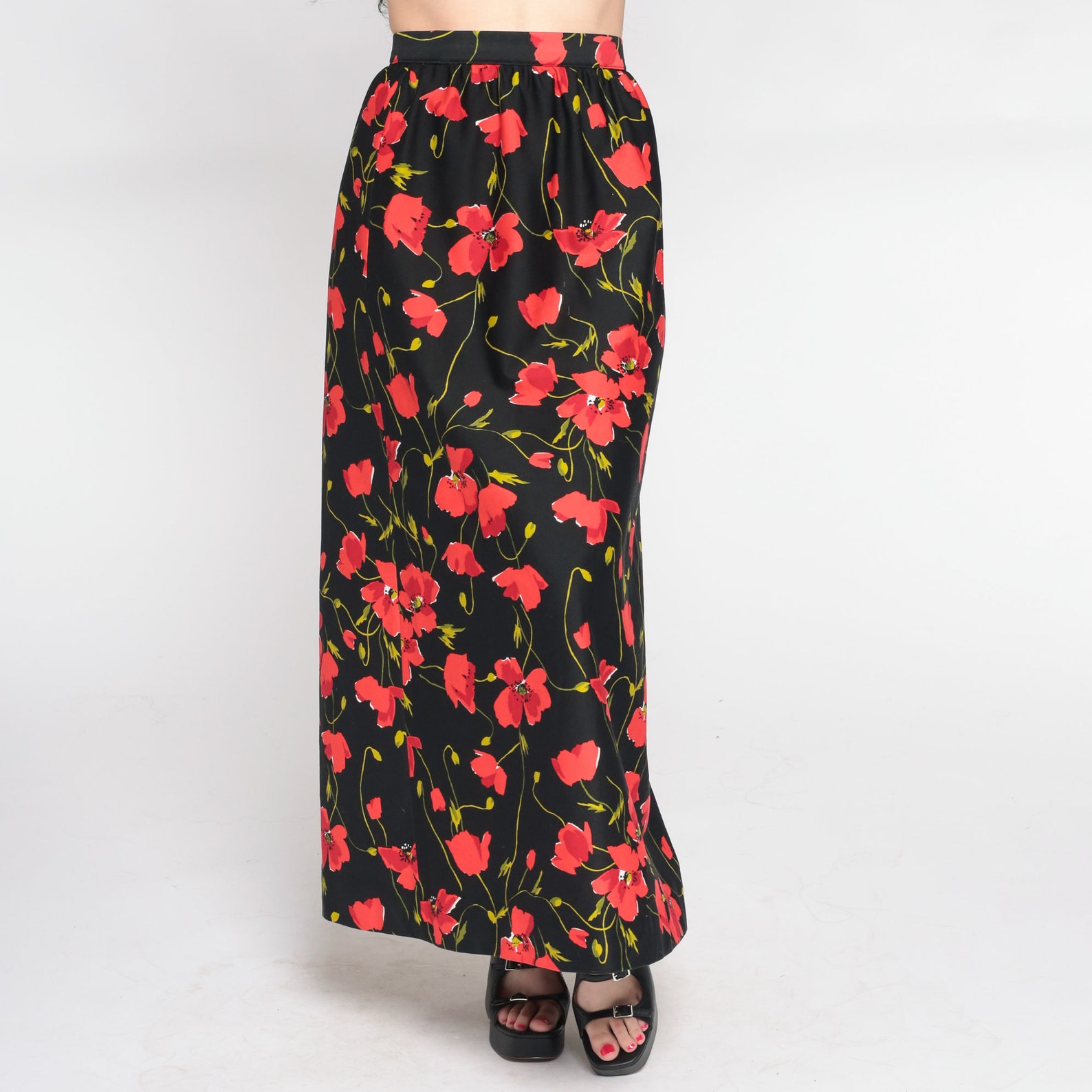90s Floral Skirt Black Red Poppy Skirt 90s Maxi Boho Straight - Etsy