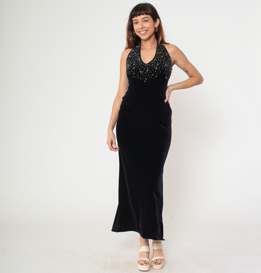 Black Velvet Dress 90s Beaded Halter Neck Sequin Party Goth Maxi ...