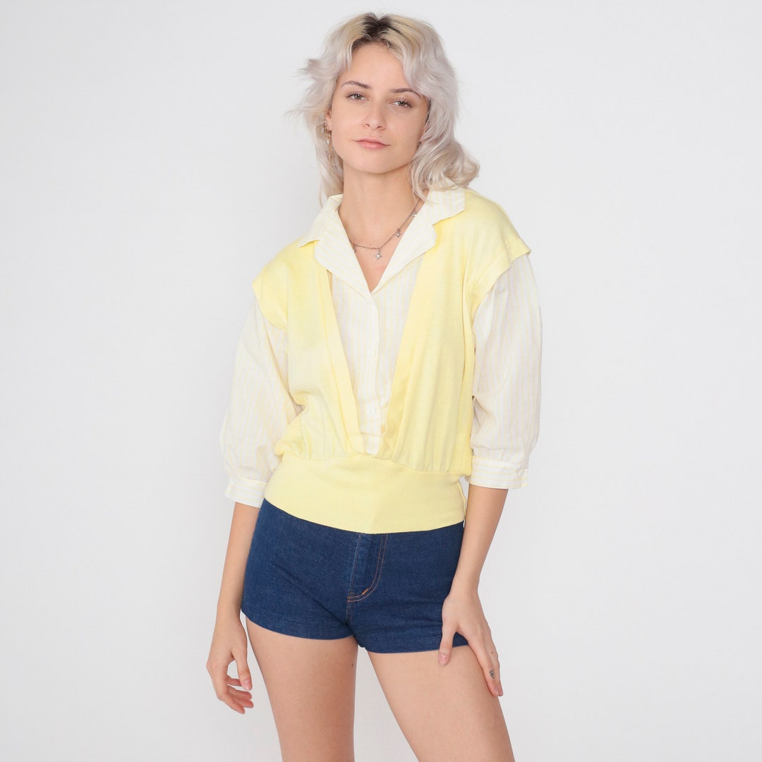 80s Twofer Blouse Yellow White Stripes Button up Shirt 3/4 Sleeve Retro ...
