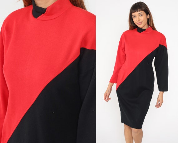 80s Color Block Dress Red Black Midi Long Sleeve Mock… - Gem