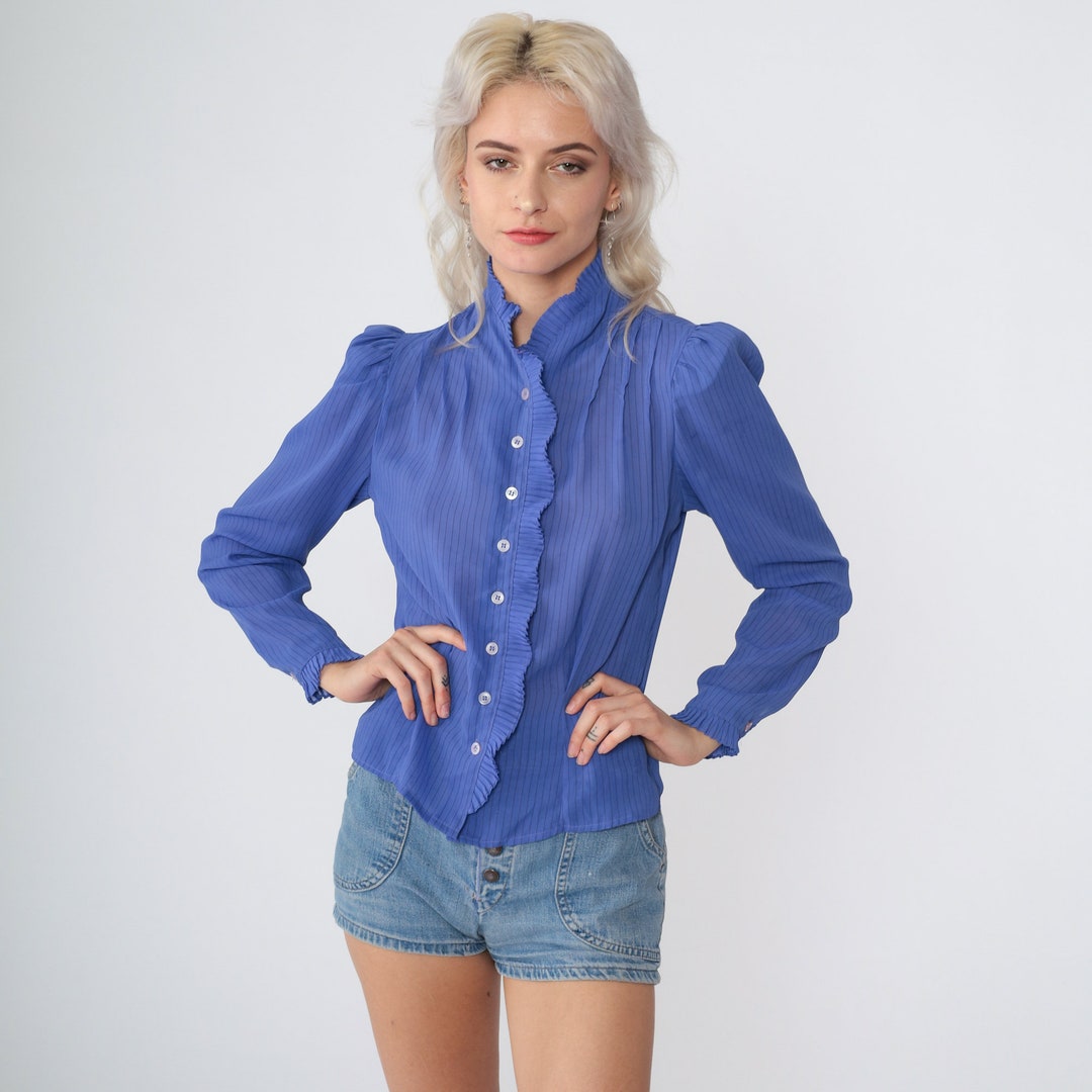 Striped Periwinkle Blouse 70s Puff Sleeve Top Ruffled Button up Shirt ...