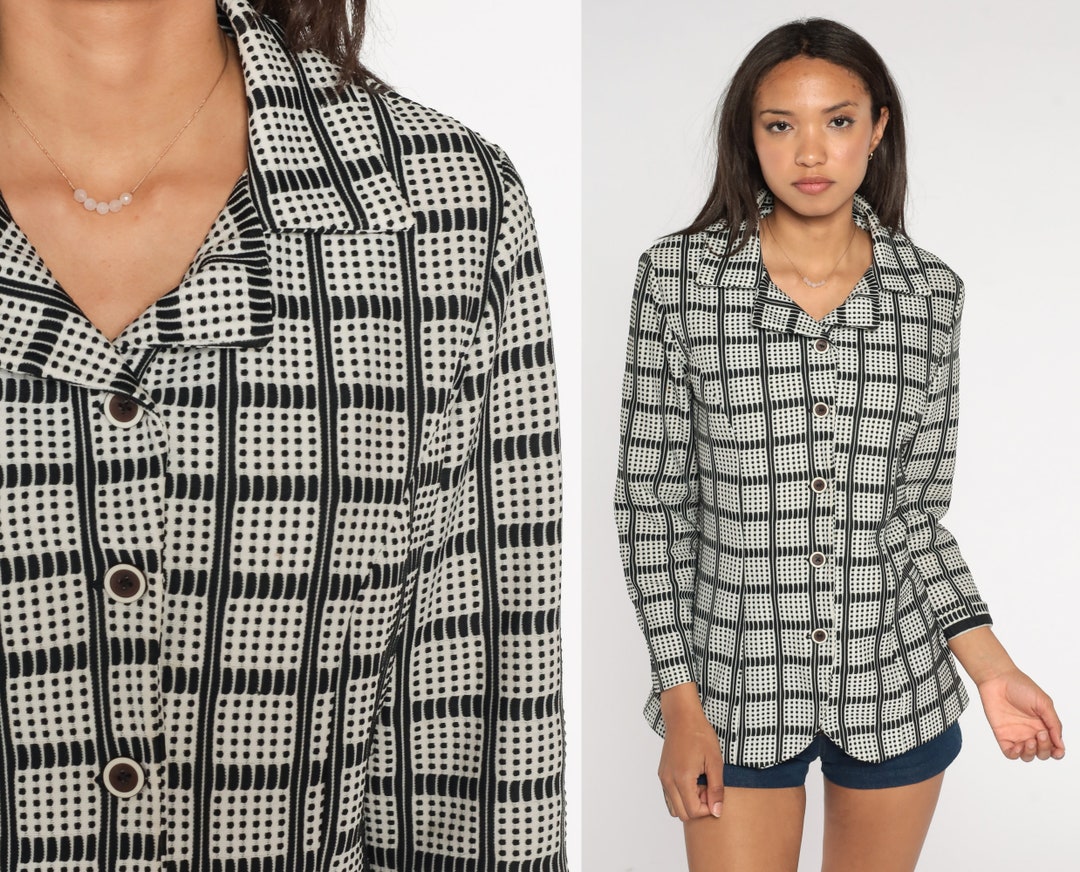 70s Checkered Shirt Black White Button up Striped Print Shirt Shirt ...