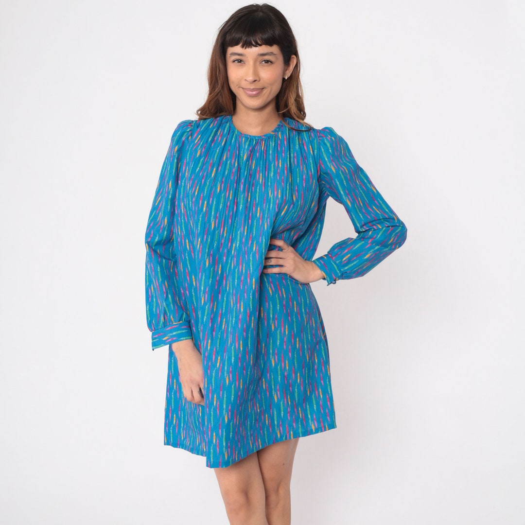 Broken Stripe Mini Dress 80s Blue Shift Dress Long Puff Sleeve Dress ...
