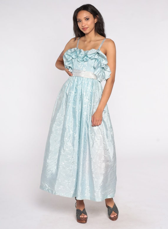 70s Prom Dress Baby Blue Floral Embossed Dress Boho M… - Gem