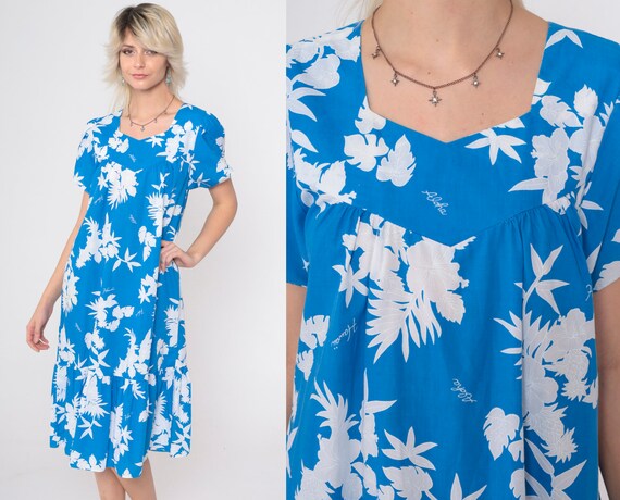 Hawaiian Mini Dress Blue Floral Tent Dress Boho 80s T… - Gem