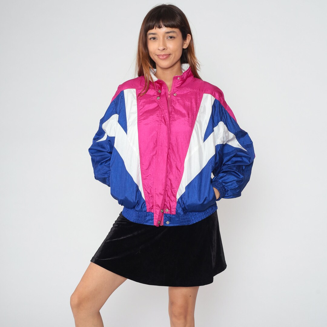 Color Block Windbreaker 90s Shiny Jacket Retro Hot Pink White Blue ...