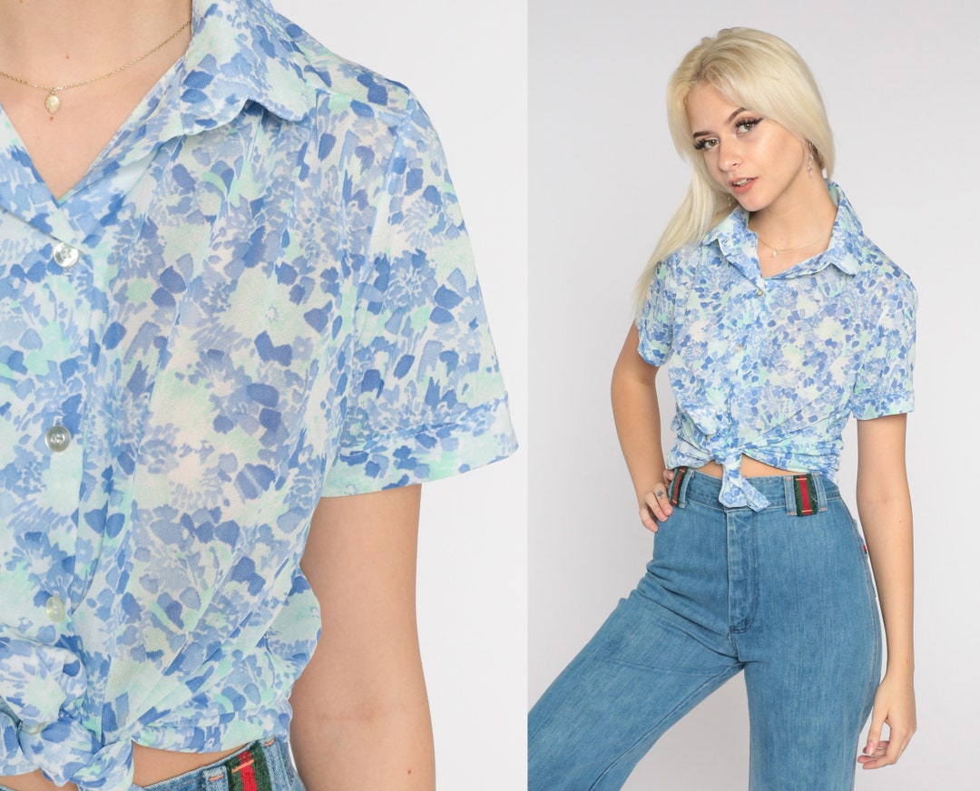 Watercolor Floral Top 70s Blue White Button up Blouse Rounded Collar ...