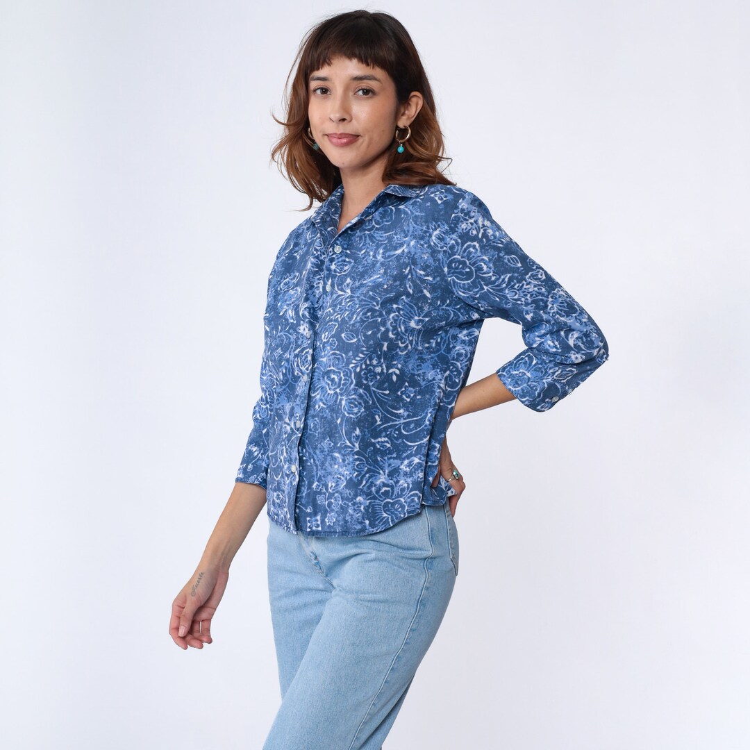 Blue Floral Shirt 90s Grunge Hippie Boho Vintage Button up Down 3/4 ...