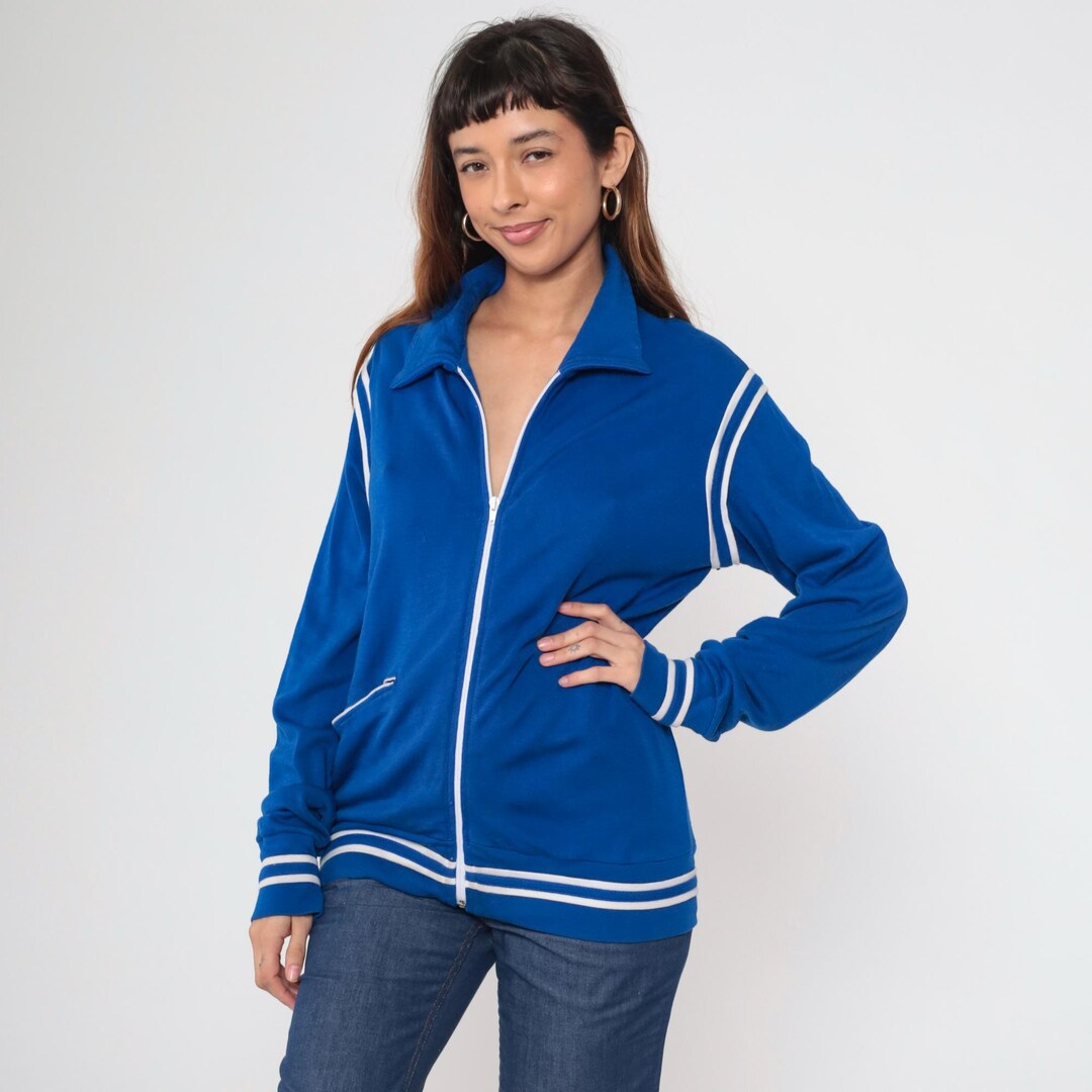Vintage Blue Track Jacket 80s Zip up Sweatshirt Basic Bomber White ...