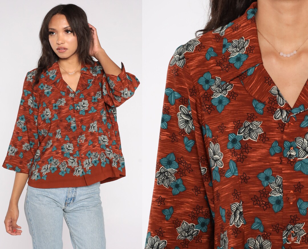 Floral Blouse 80s Button up Shirt Brown Burnt Orange Flower Print Top 3 ...