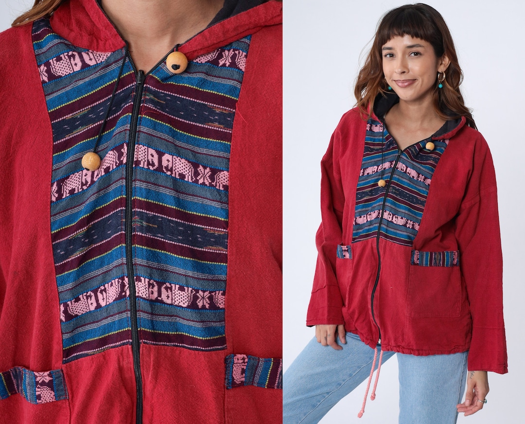 Guatemalan Jacket Red Elephant Embroidered HOODIE Jacket Bohemian ...