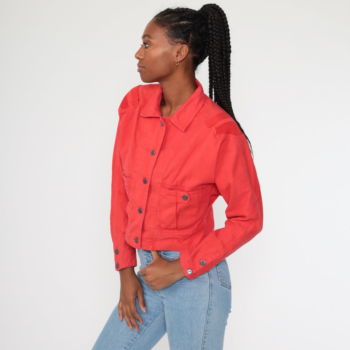 Bright Red Jacket 90s Cropped Jacket Button Up Shirt Cargo | Etsy