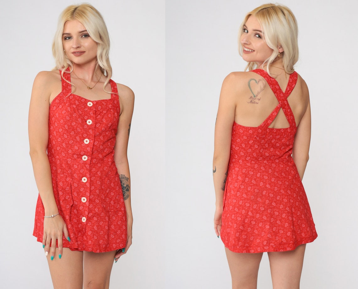 Paisley Sundress 70s Micro Mini Dress Red 1970s Boho Summer Pocket ...