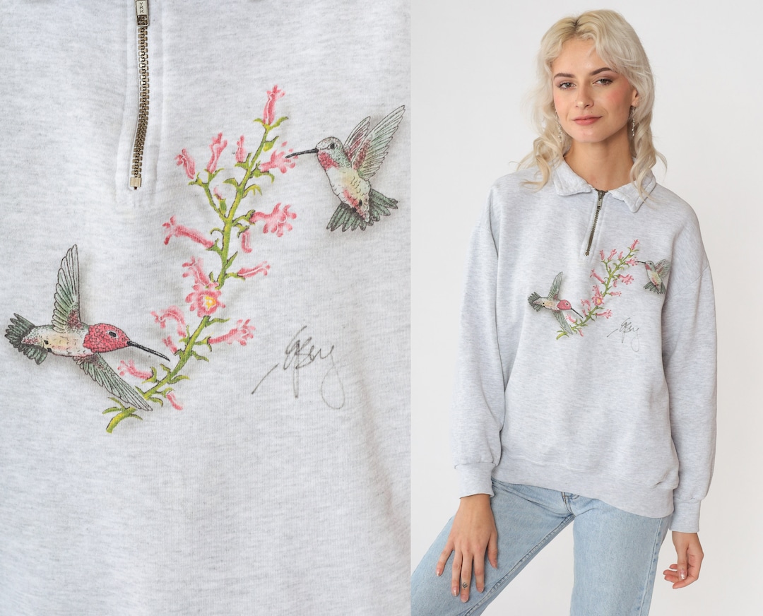Hummingbird Sweatshirt 90s Floral Quarter Zip Sweatshirt Heather Grey ...