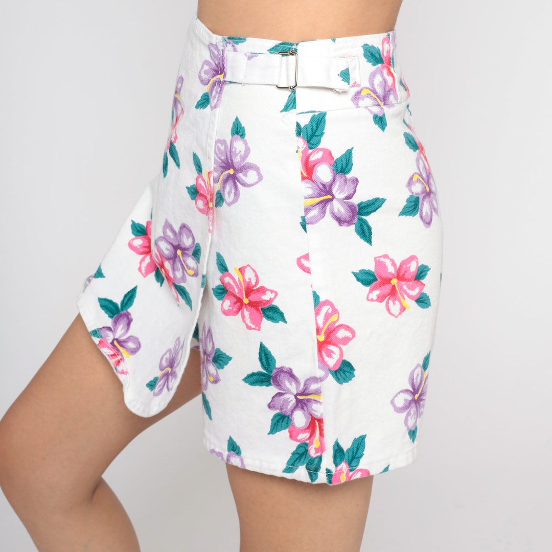 Hawaiian Floral Skort 90s White Denim Mini Skirt Retro Tropical High ...
