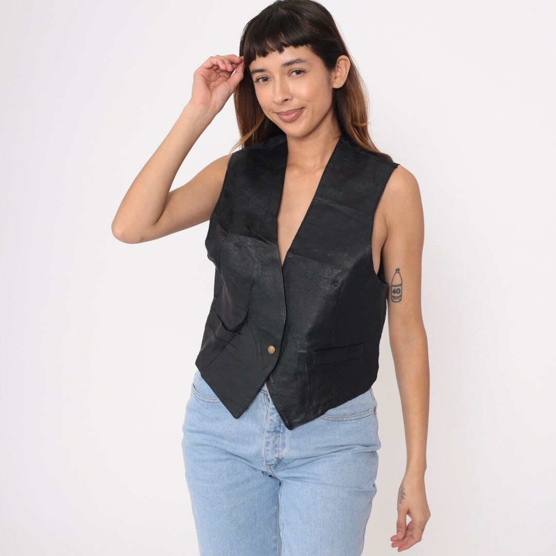 Black Leather Vest 90s Biker Button up Vest Top Rocker Snap up ...