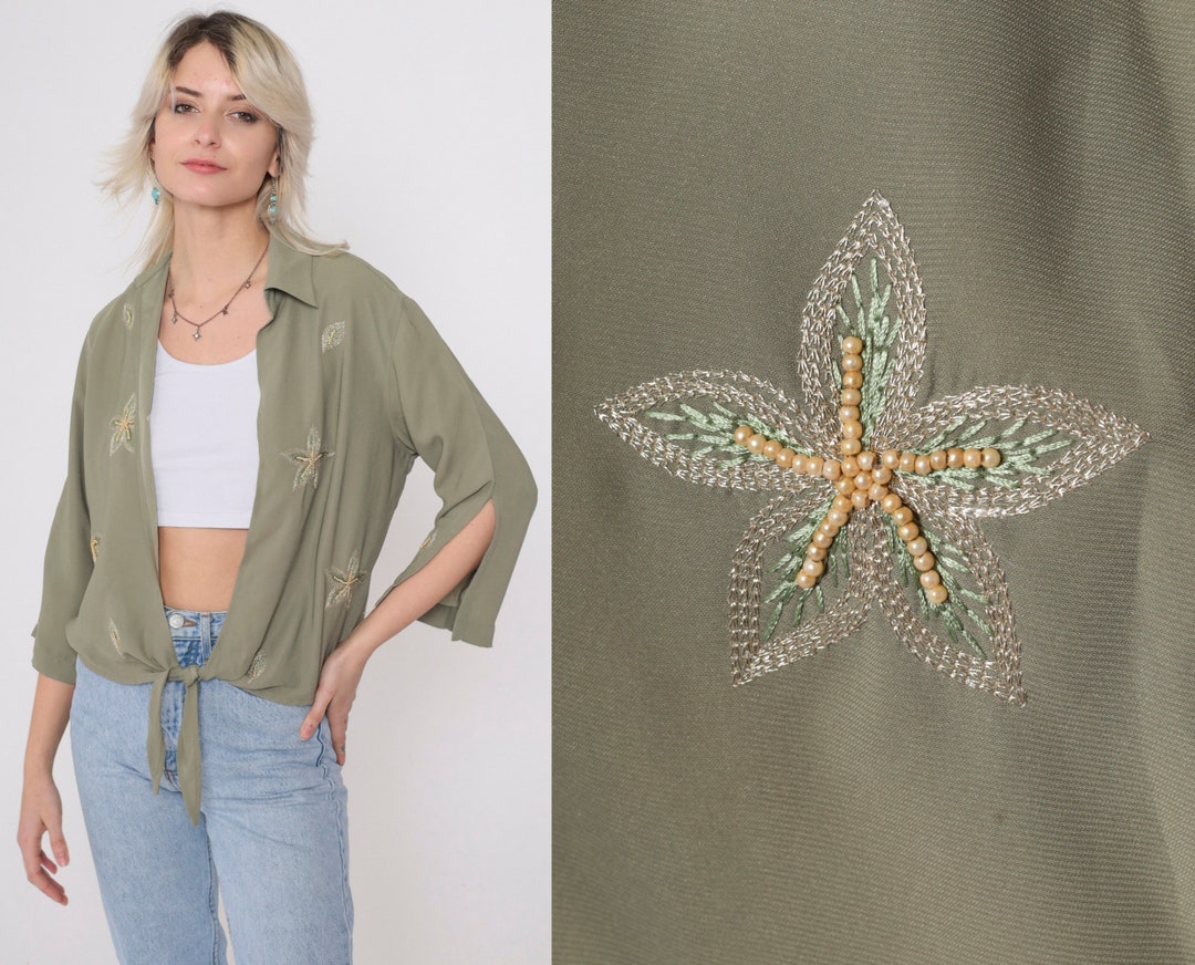 Beaded Floral Jacket 90s Muted Olive Green Jacket Embroidered Open ...