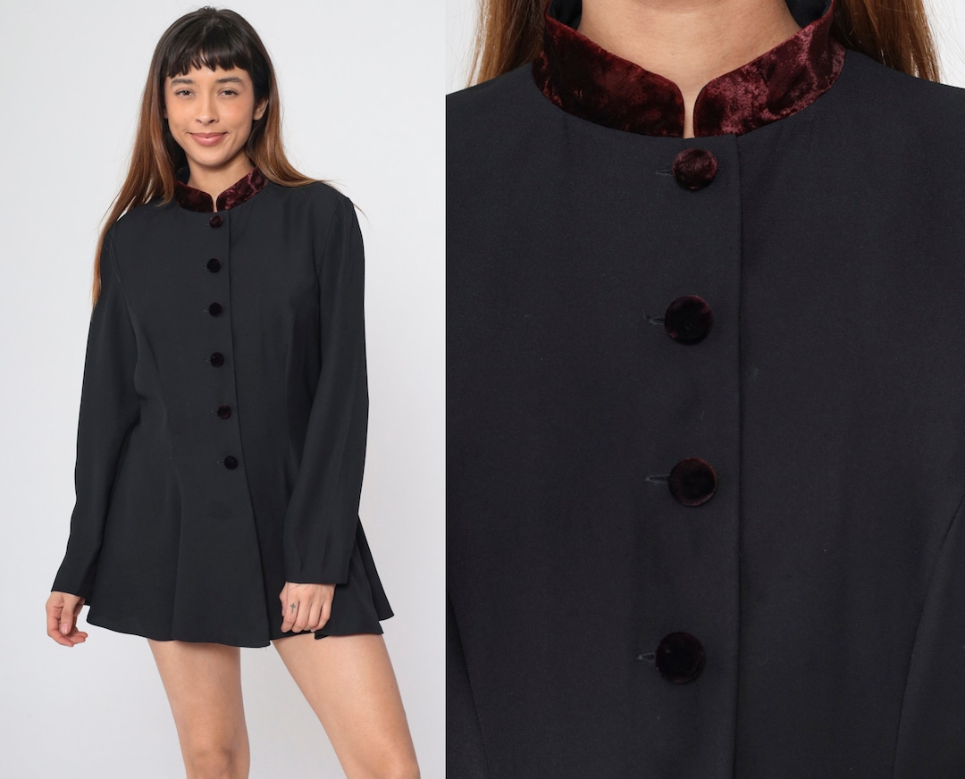 Simple Black Jacket 80s Button up Blazer Wine Velvet Trim High Neck ...