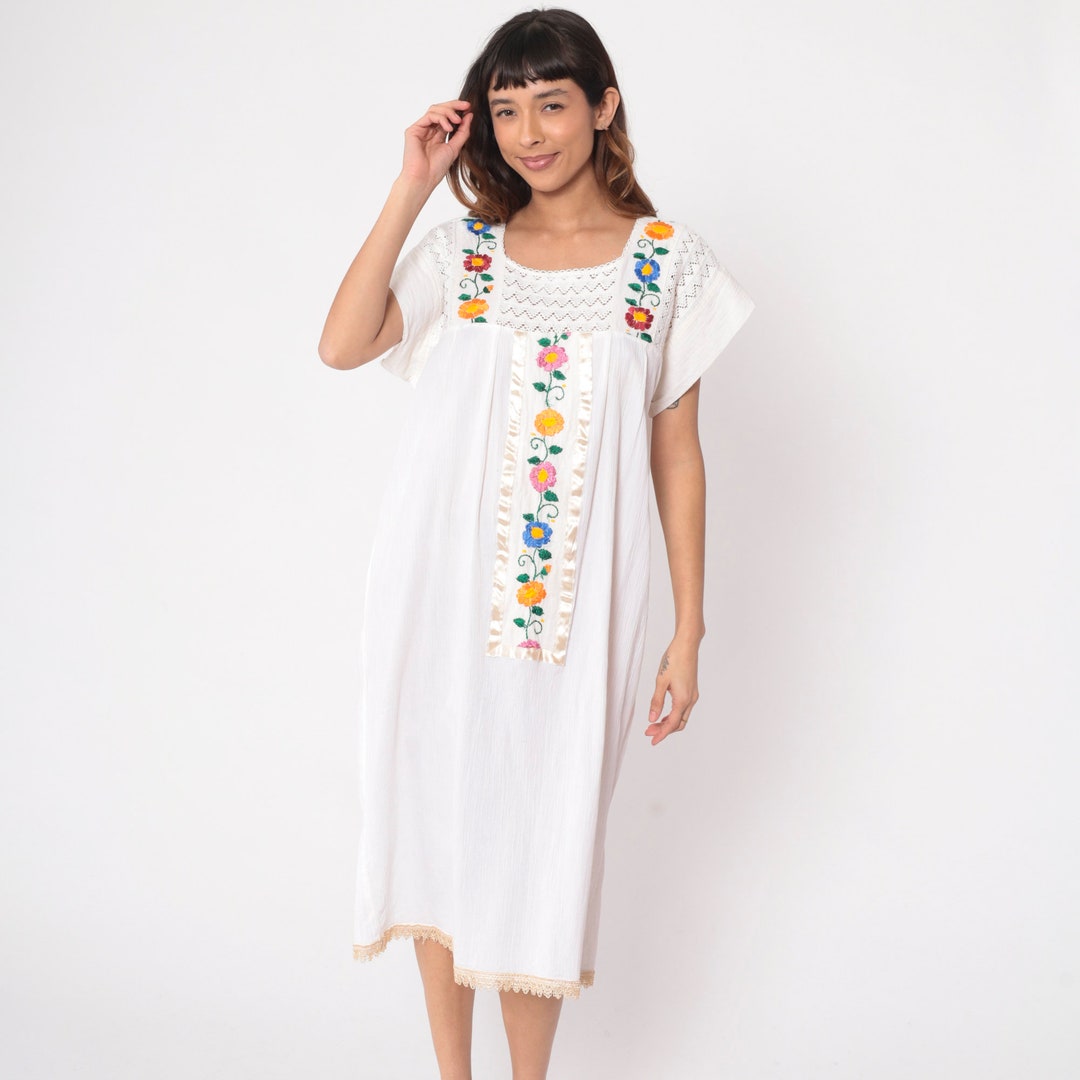 Floral Mexican Dress 90s White Embroidered Midi Dress Cutout Boho Beach ...