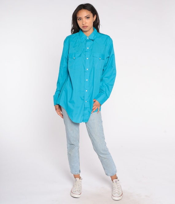 Blue Pearl Snap Shirt 90s Turquoise Button Up Western… - Gem
