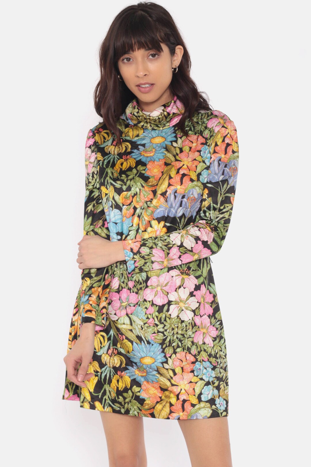 70s Mini Dress Mod Floral Garden Print Bright Shift Hippie Boho ...