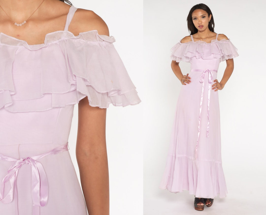 70s Prom Dress Lavender Maxi Dress Ruffled off Shoulder Party Princess ...