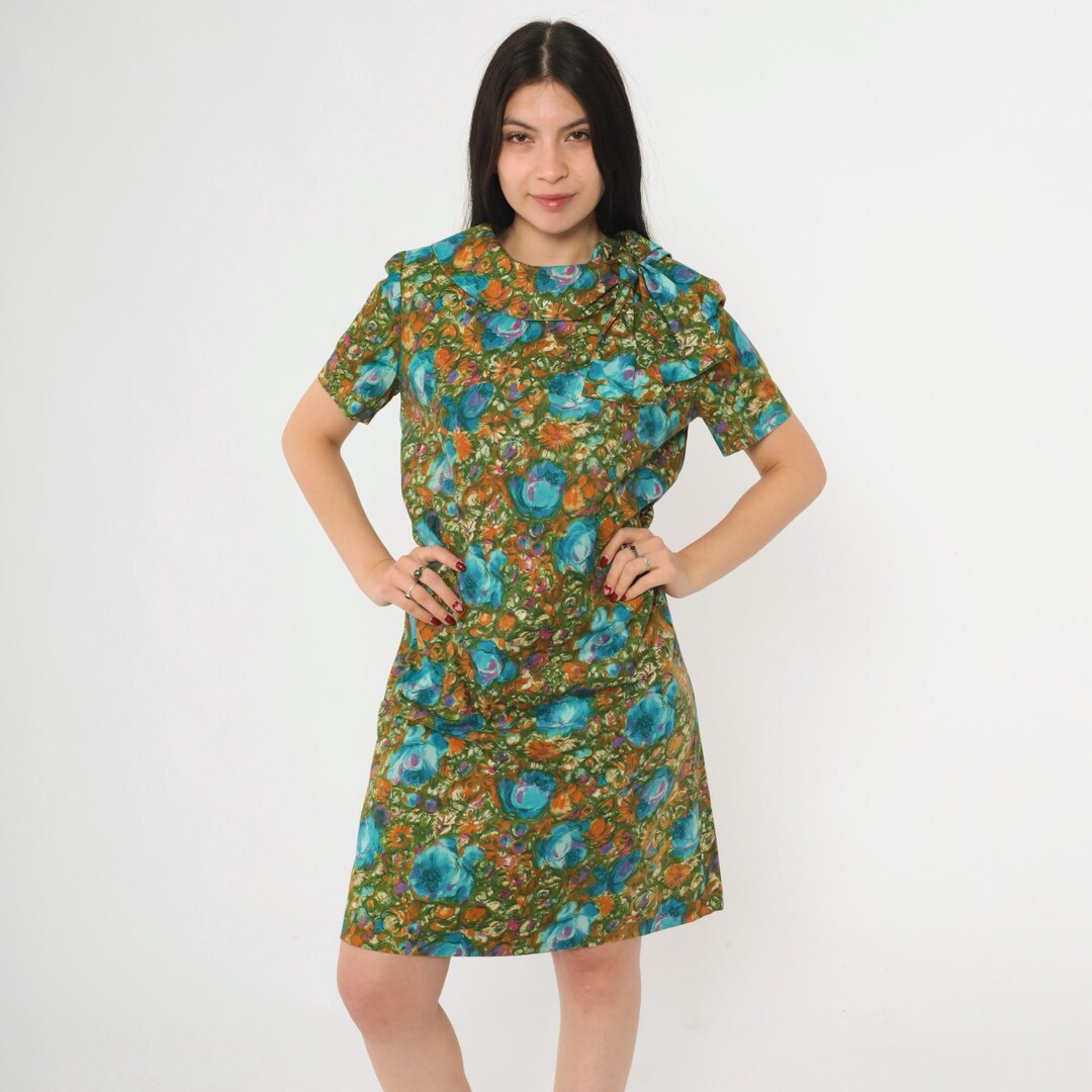 Vintage 60s Mini Dress Bow Neck Shift Green Floral Dress Watercolor ...