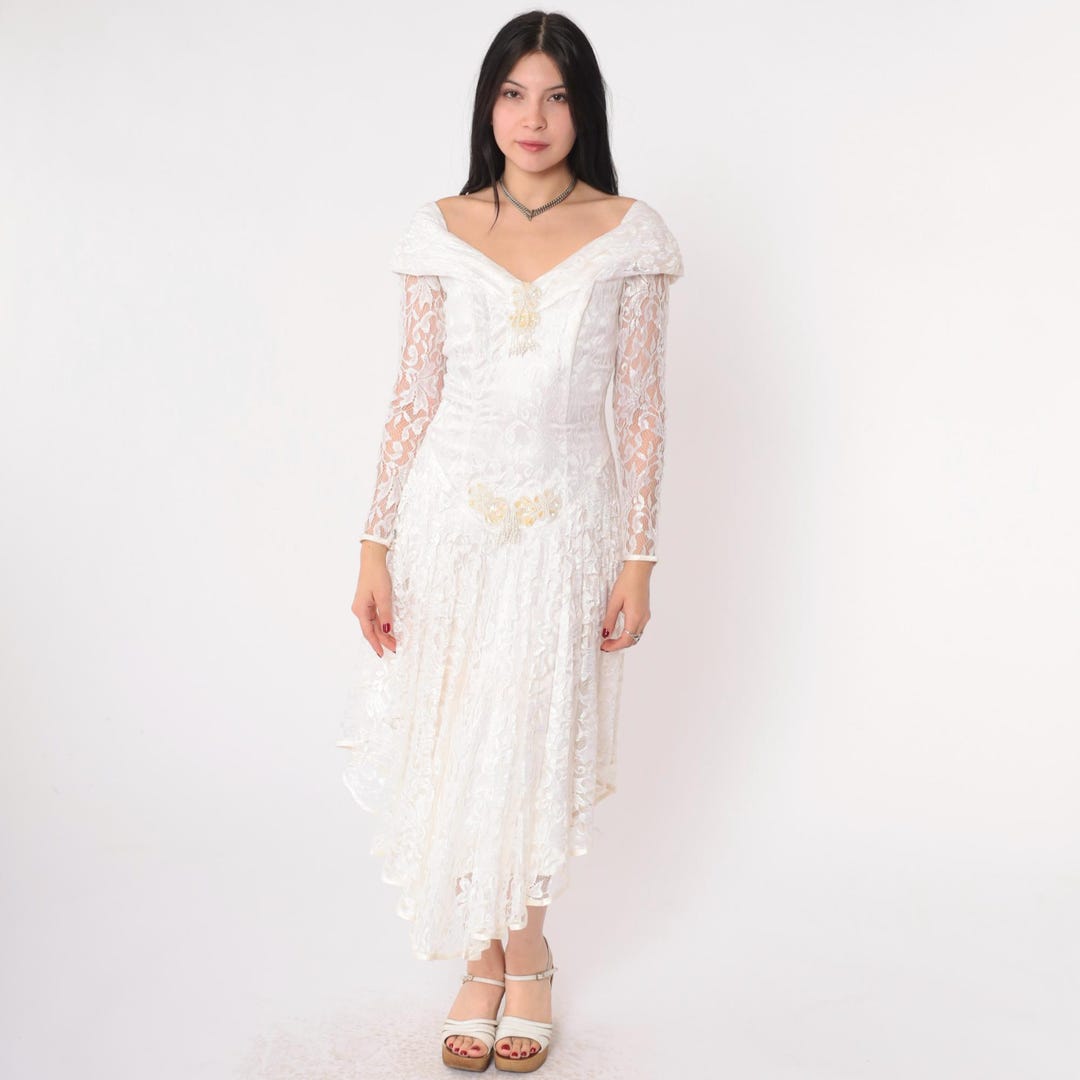 Vintage White Lace Wedding Dress 1980s Portrait Collar Beaded Sequin ...