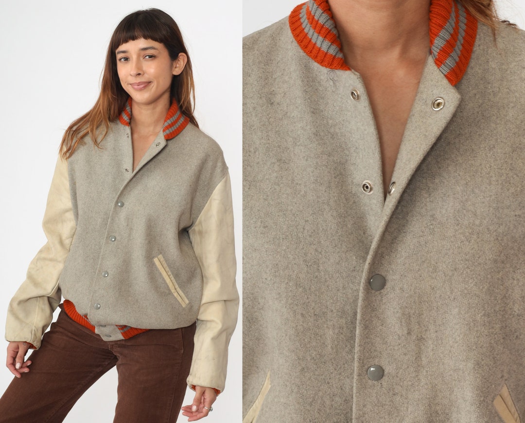 Grey Letterman Jacket 70s Wool Varsity Jacket LEATHER Football Jacket ...