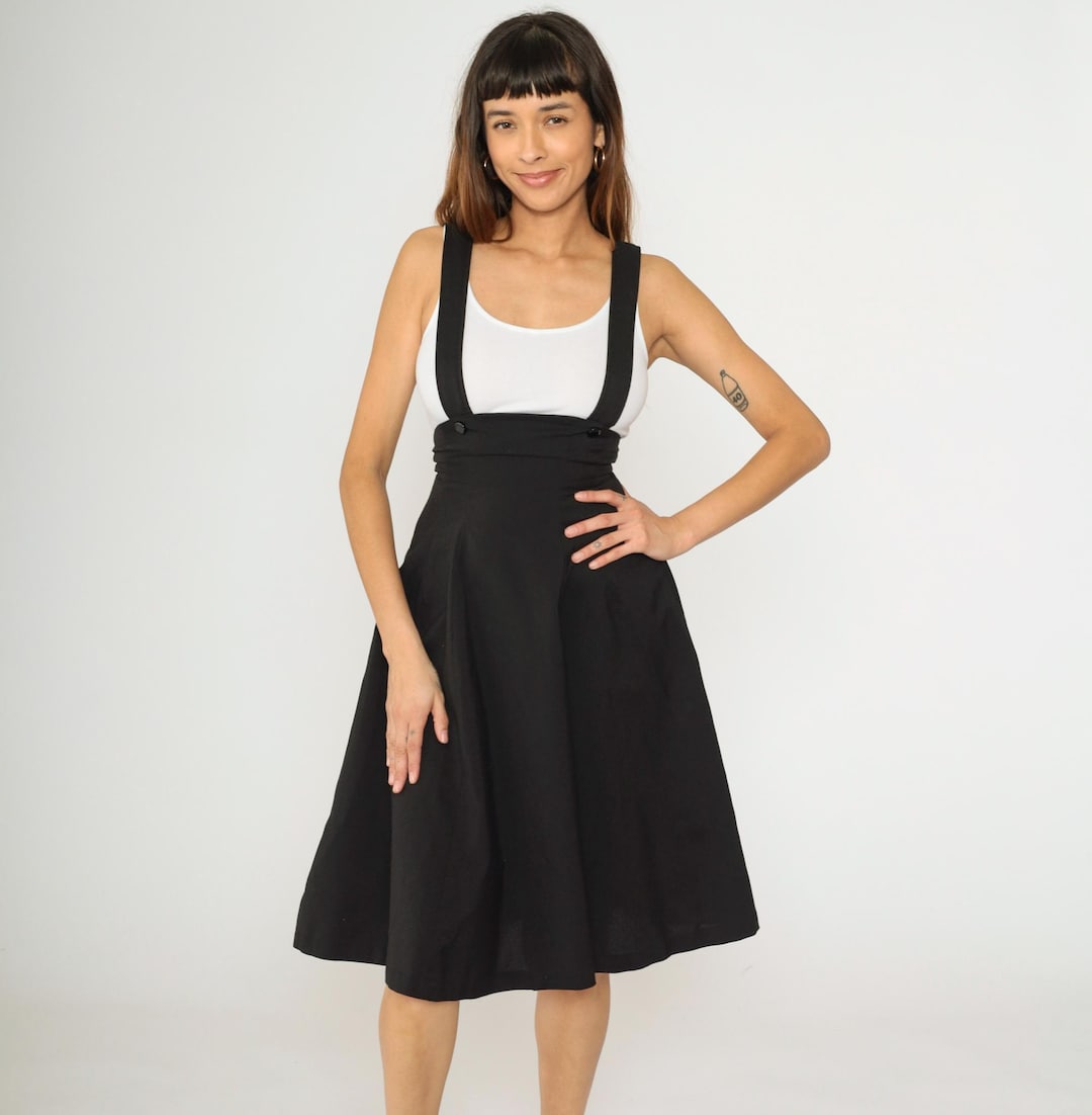 Vintage Y2K Suspender Skirt Black High Waist Fit and Flare Midi Skater ...