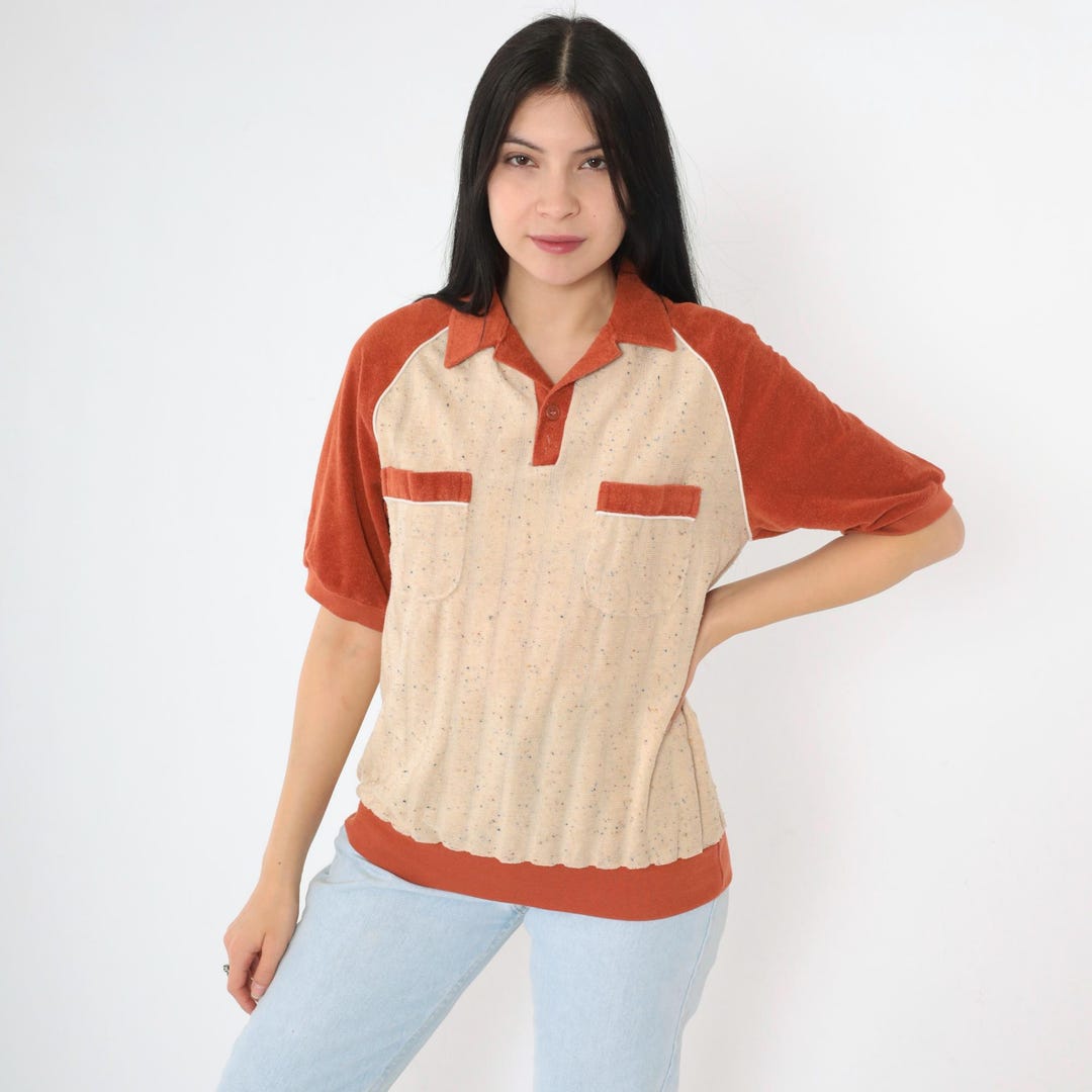 70s Terry Cloth Polo Shirt Vintage Huk-a-poo Flecked Beige Rust Polo ...