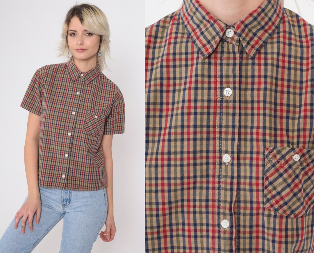 Multicolored Checkered Shirt 90s Button up Blouse Taupe Red Blue Green ...