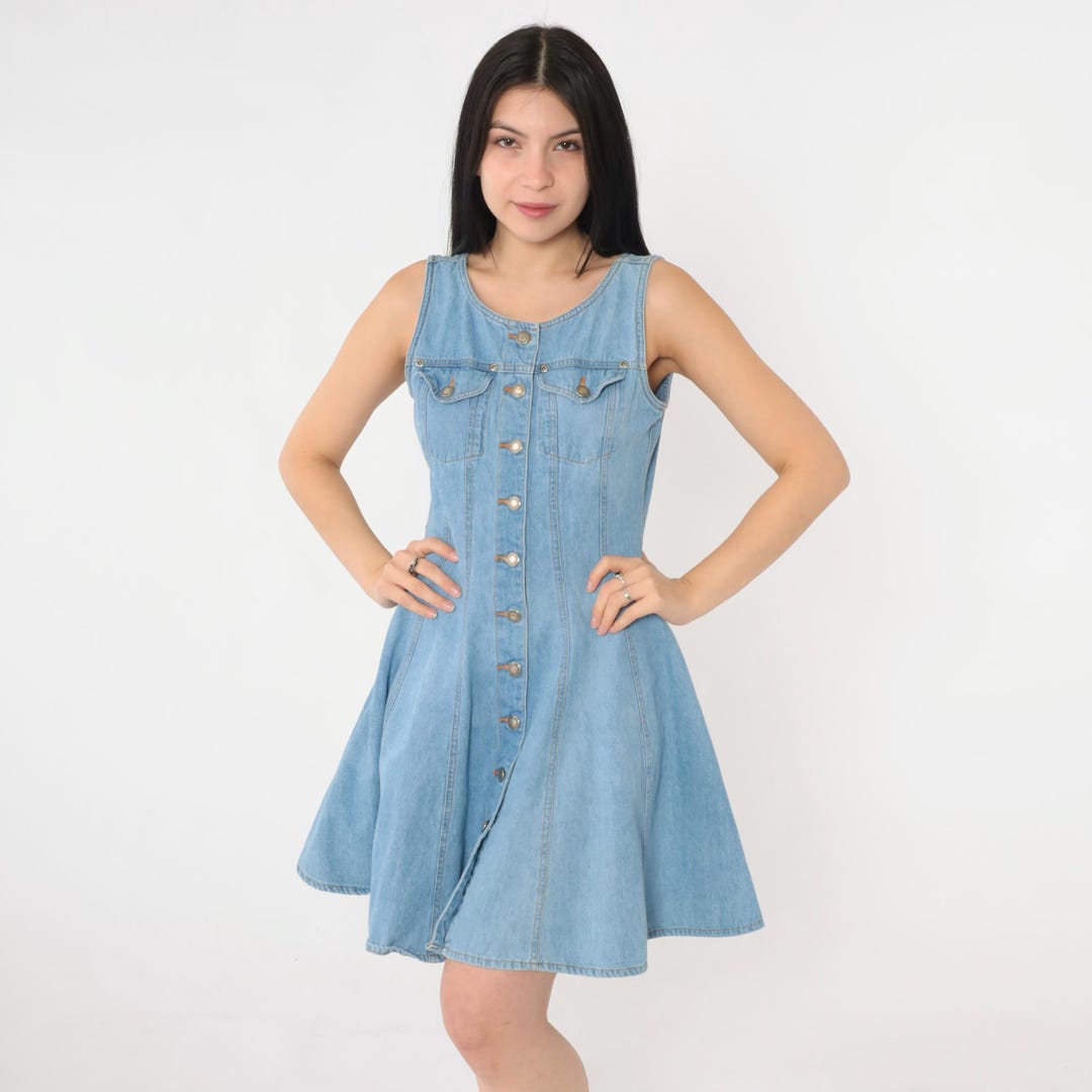 Vintage Denim Mini Dress 90s Fit and Flare Jean Button up Skater Grunge ...