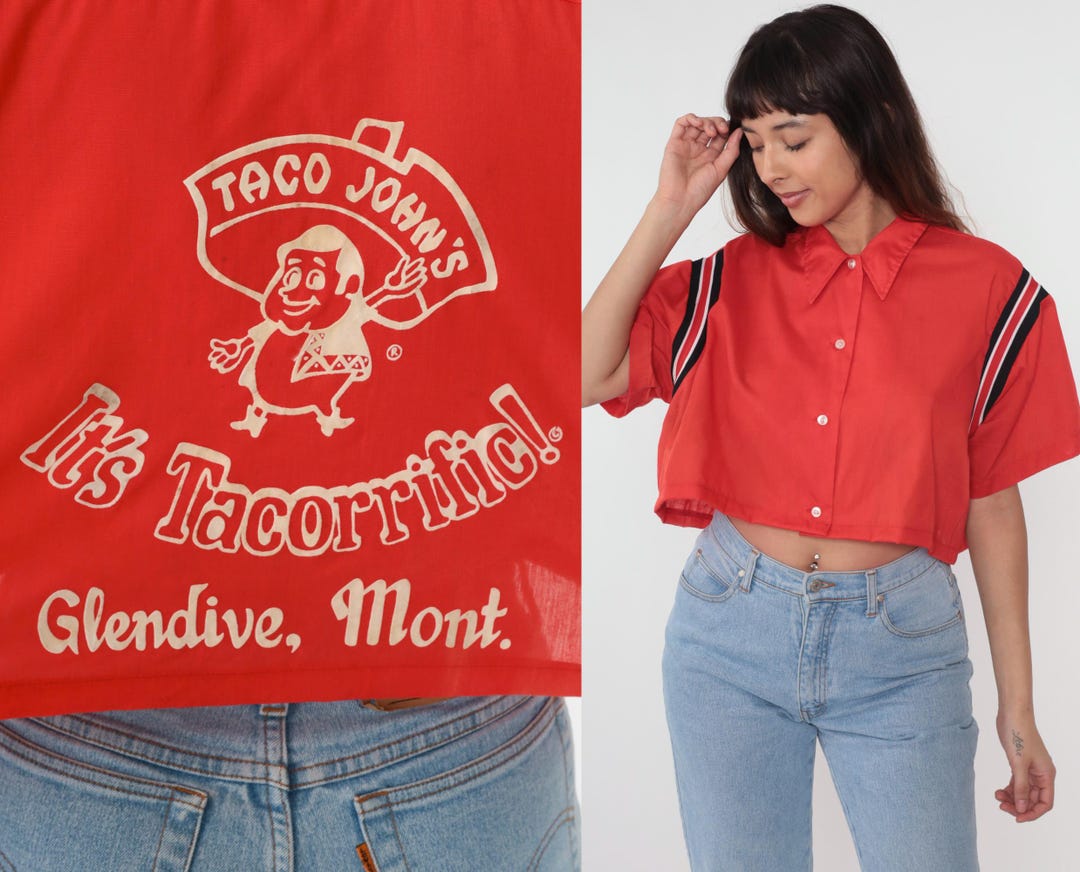Vintage 70s Bowling Uniform Shirt Red Cropped Taco Johns Button up Crop ...