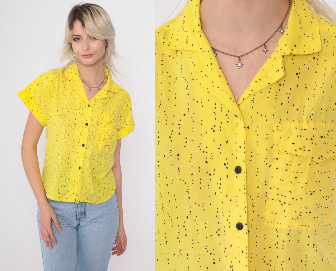 80s Blouse Bright Yellow Confetti Button up Shirt Short Sleeve Top ...