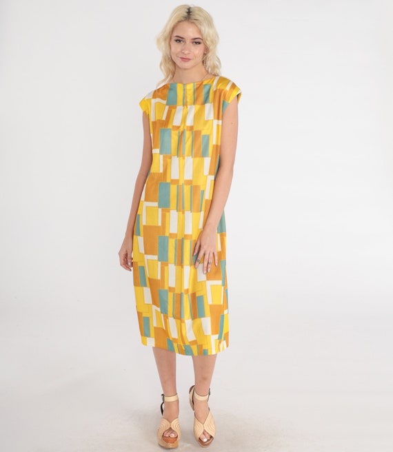 70s Mod Dress Yellow Midi Dress Geometric Checkered R… - Gem