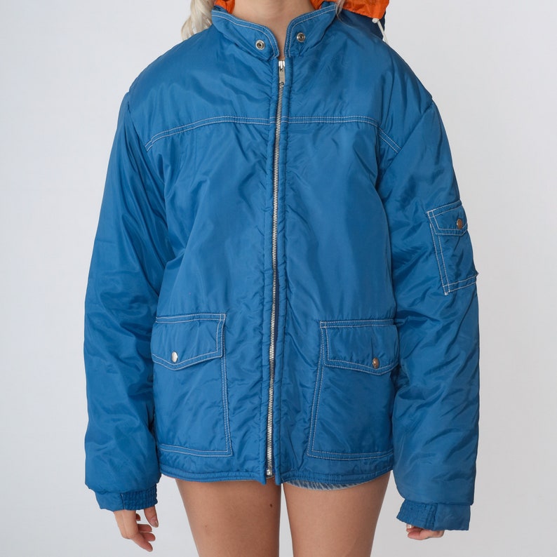 Hooded Ski Jacket 80s Blue Puffer Jacket Zip up Winter Puffy Coat Retro ...